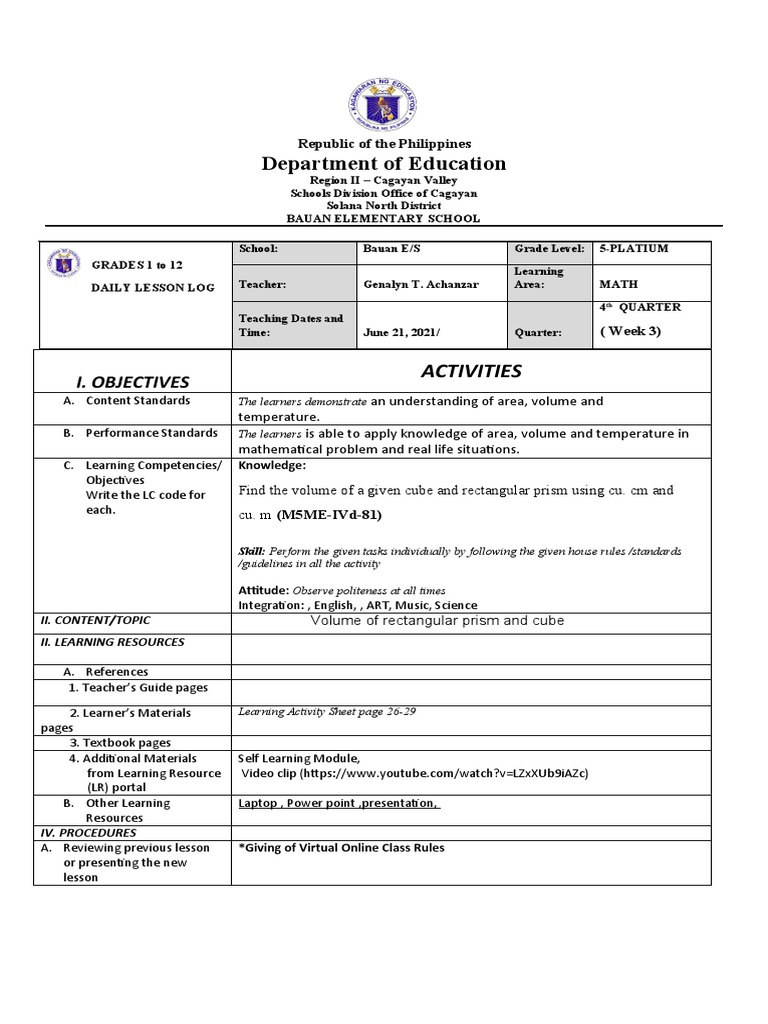COT - DLP Math 5 | PDF | Volume | Learning