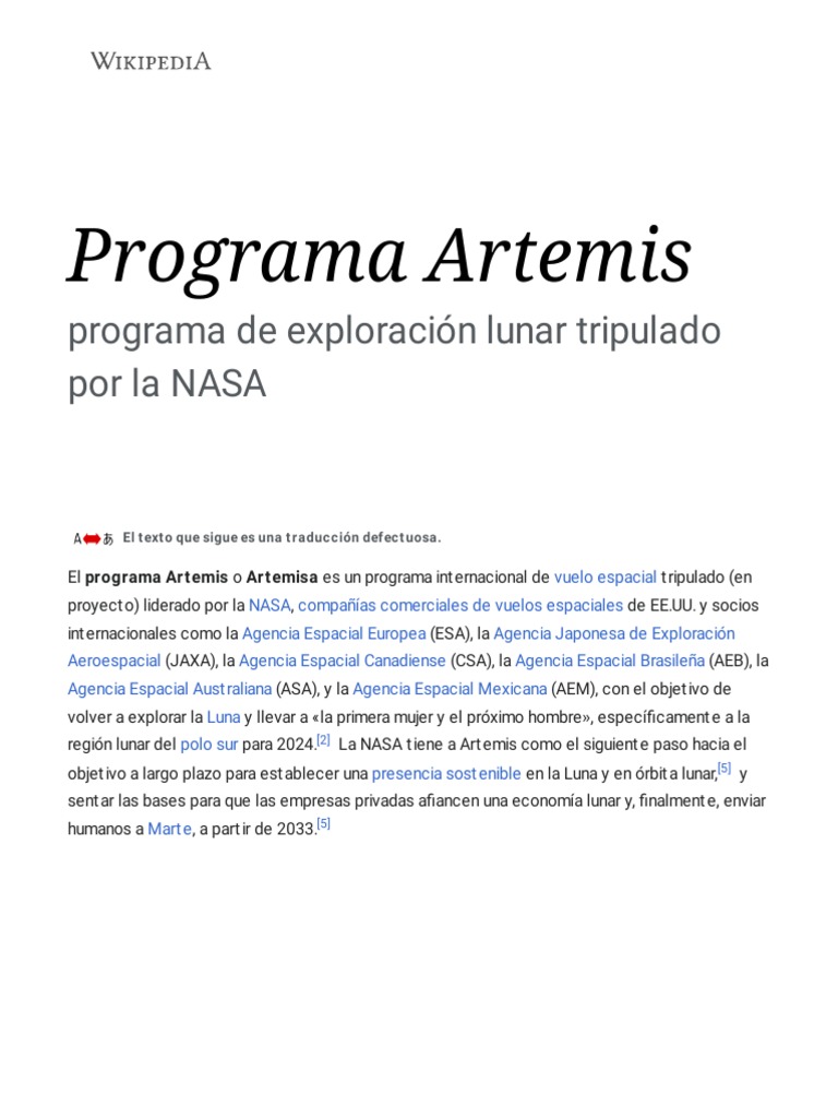 Programa Artemis - Wikipedia, La Enciclopedia Libre | PDF | Nasa | Sistema de lanzamiento espacial