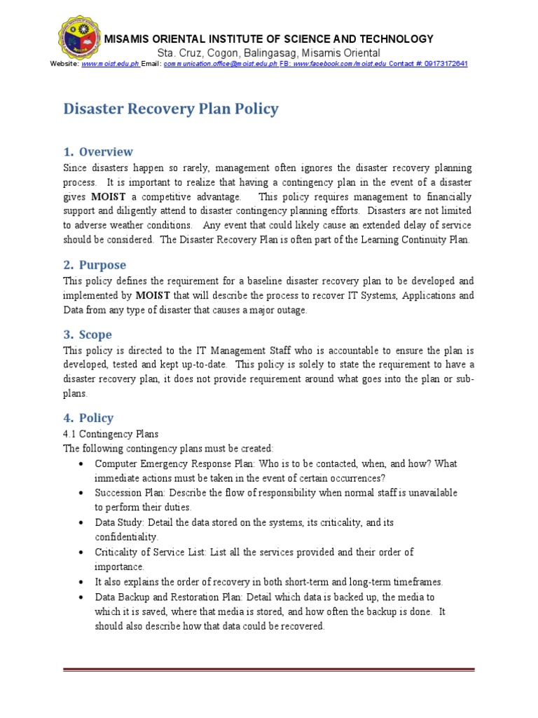 MOIST Disaster Recovery Plan Policy | PDF | Information Security ...