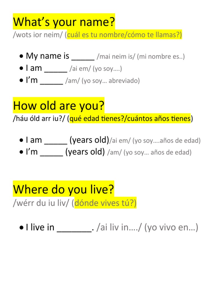 Preguntas Basicas en Ingles - Nombre, Edad, Donde Vives | PDF