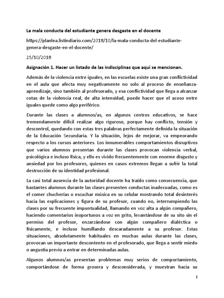 La Mala Conducta Del Estudiante Genera Desgaste en El Docente | PDF ...