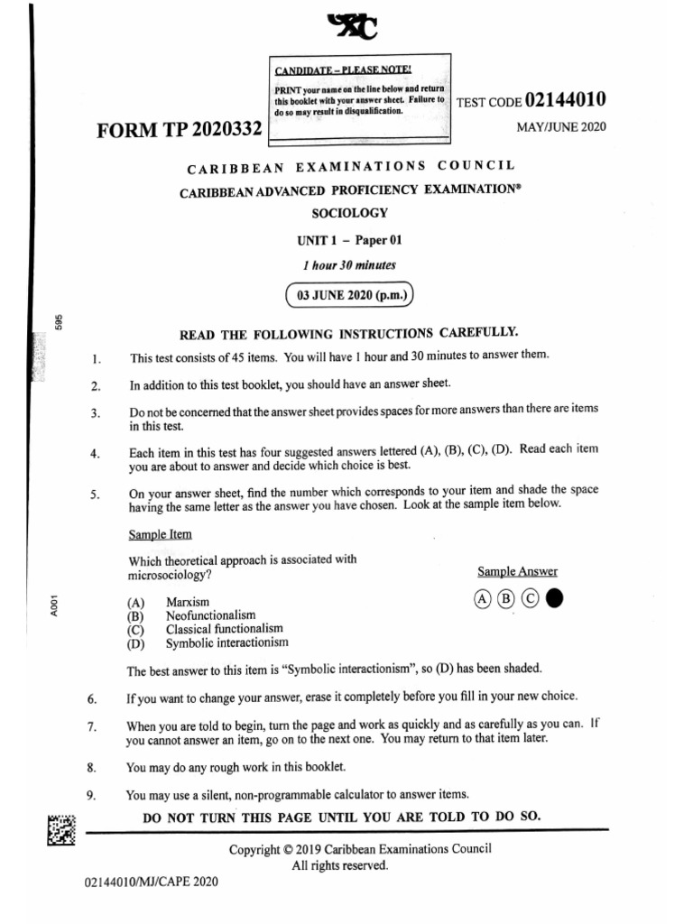 CAPE Sociology 2020 U1 P1 | PDF