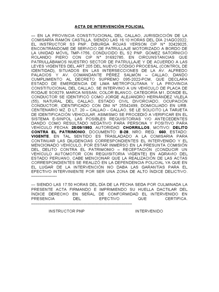 Acta de Intervencion - Veh RQ | PDF | Negocios | Finanzas y dinero
