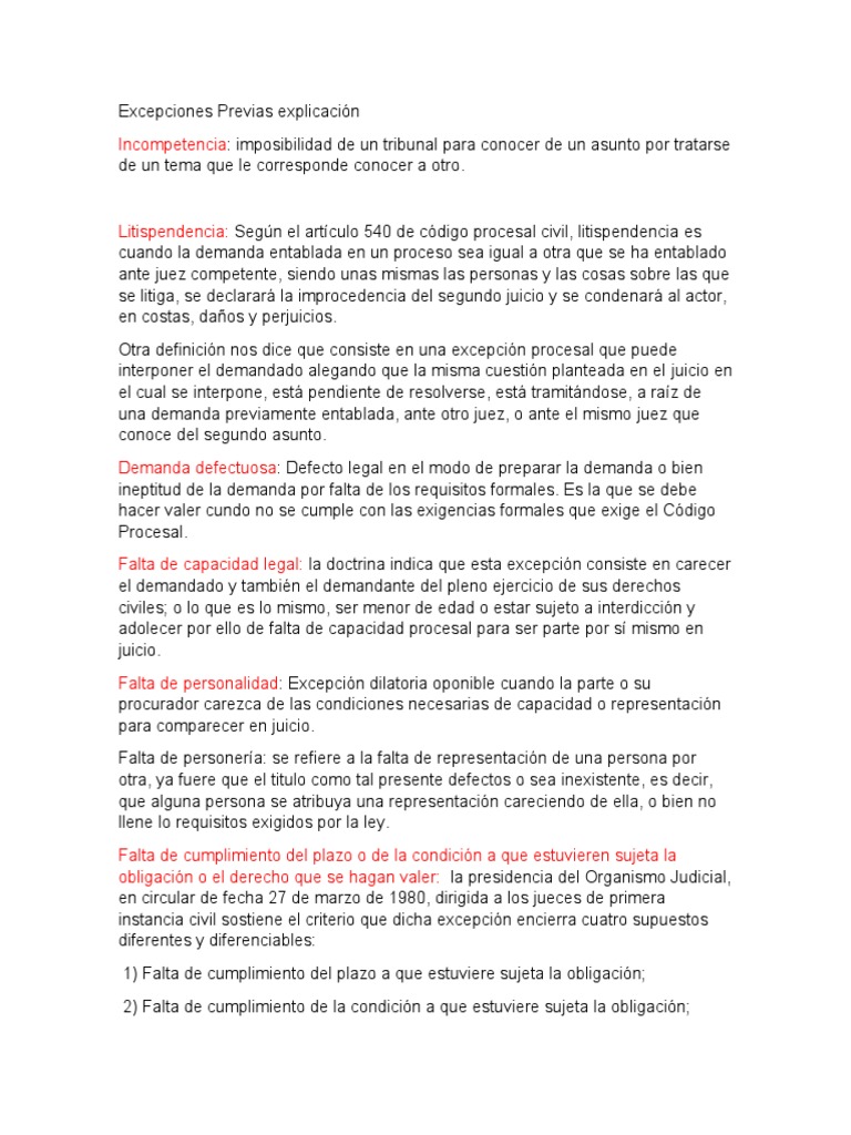 Excepciones Previas Explicación | PDF | Demanda judicial | Sentencia (ley)