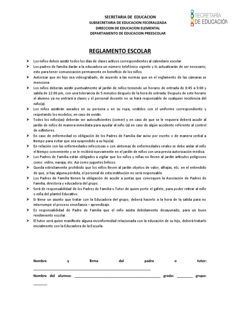 Reglamento escolar para padres de familia del jardín de niños | PDF ...