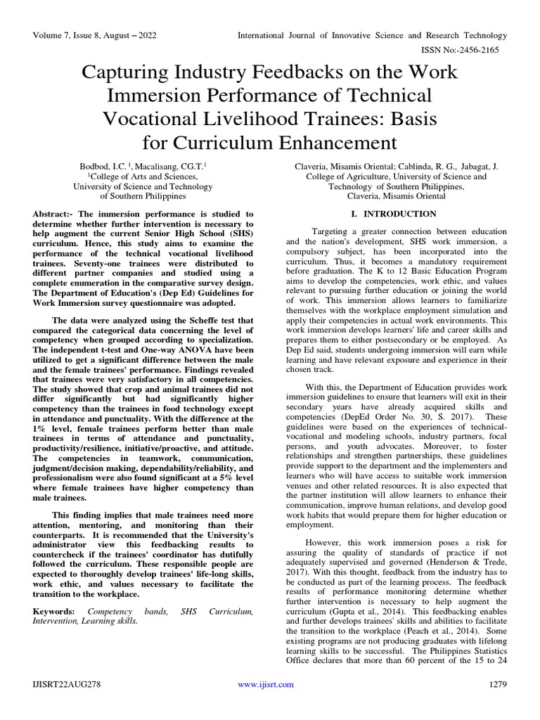 Capturing Industry Feedbacks On The Work Immersion Performance of ...