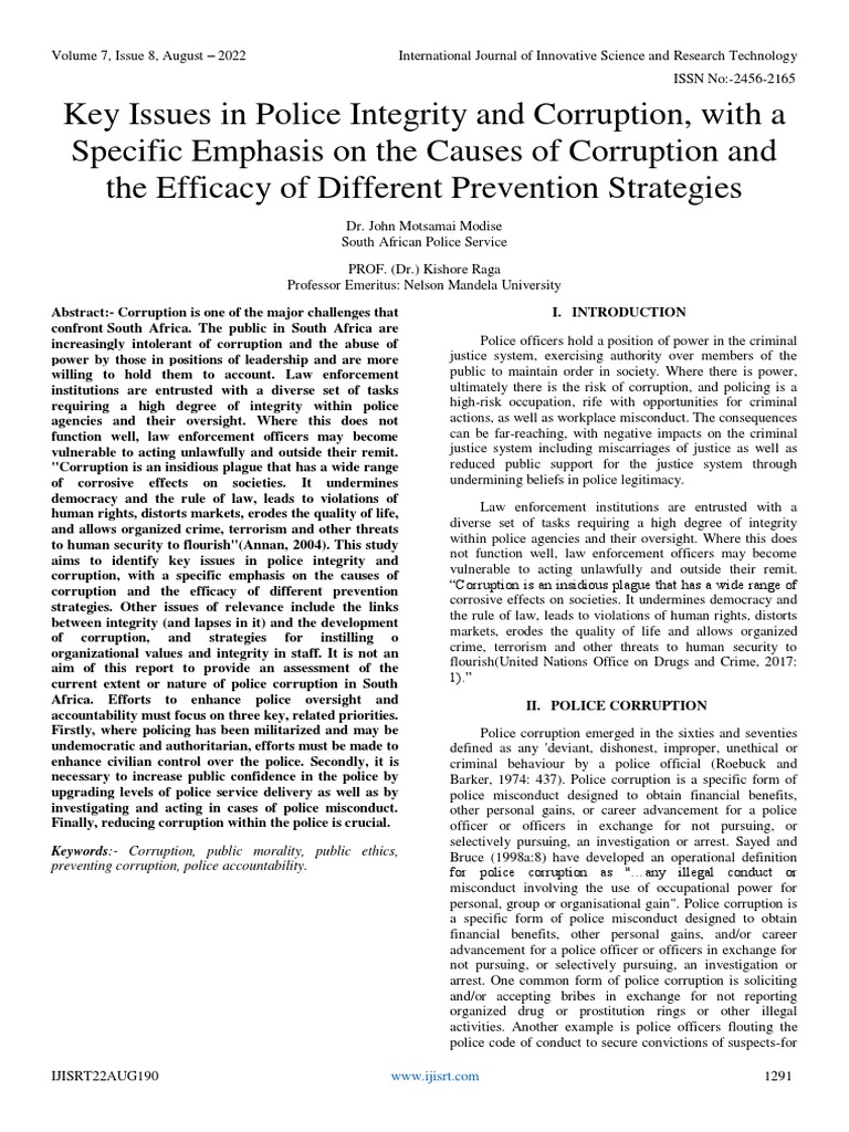 Key Issues in Police Integrity and Corruption, With A Specific Emphasis ...