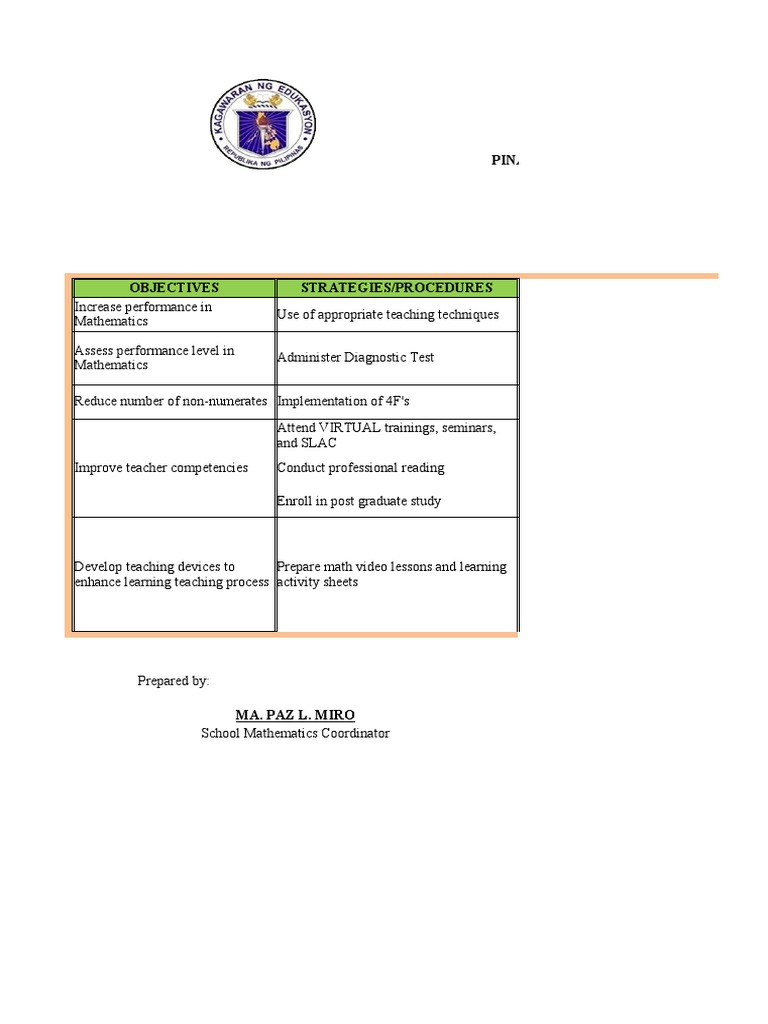 MATHEMATICS action plan | PDF | Teachers | Teaching