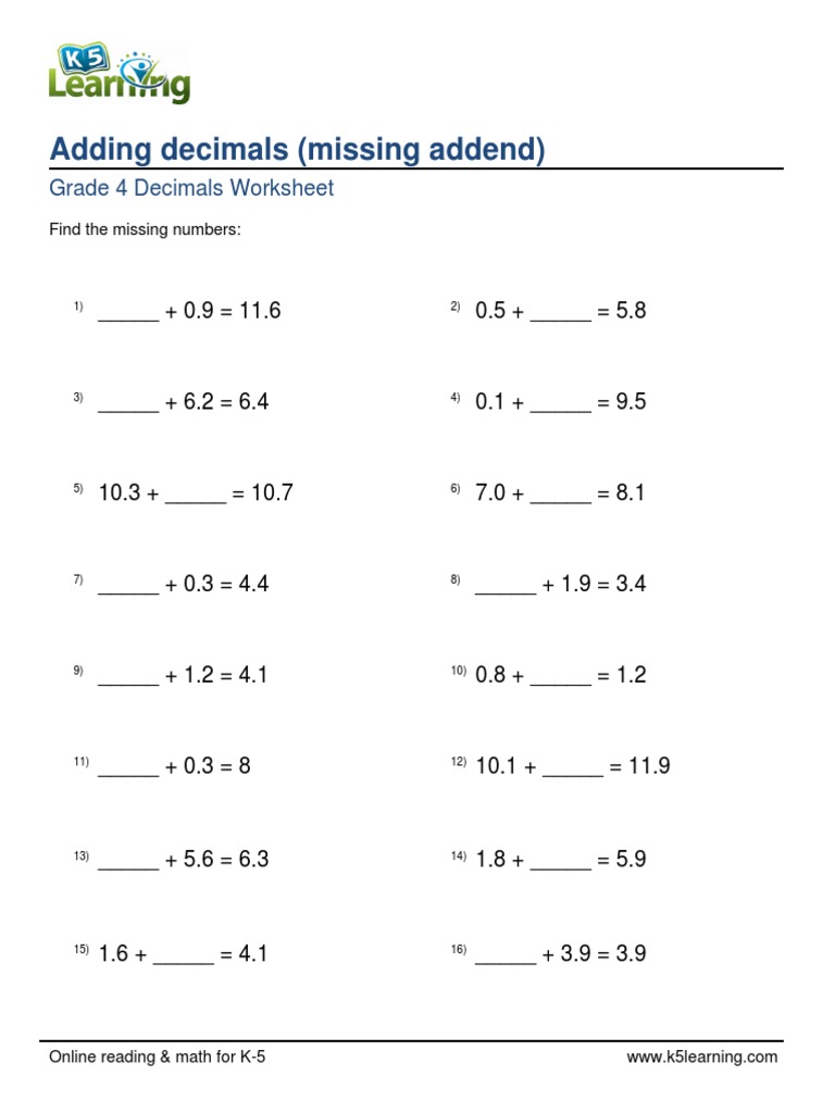 Grade 4 Adding Decimals | PDF
