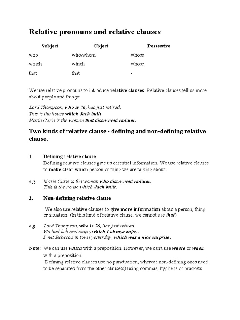 Relative Pronouns and Relative Clauses Q | PDF | Linguistics | Grammar