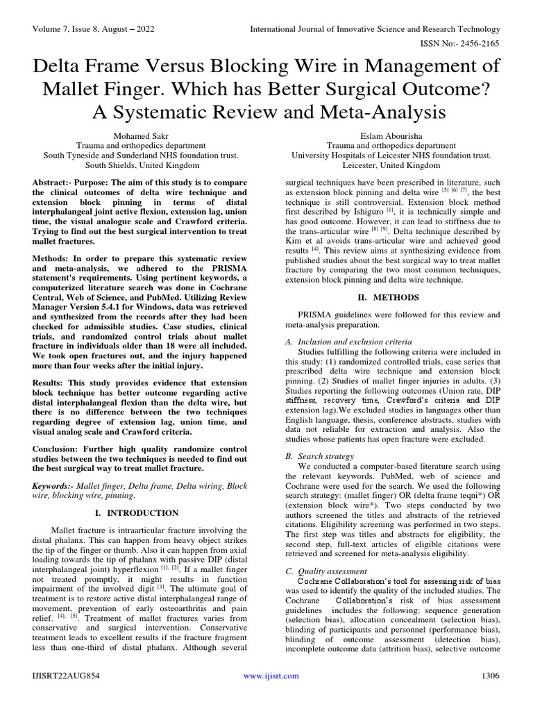 Delta Frame Versus Blocking Wire in Management of Mallet Finger. Which Has Better Surgical ...