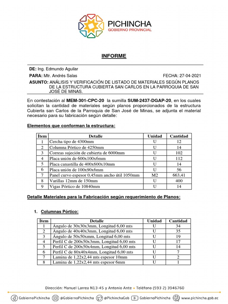 Informe Listado de Materiales Estructura | PDF
