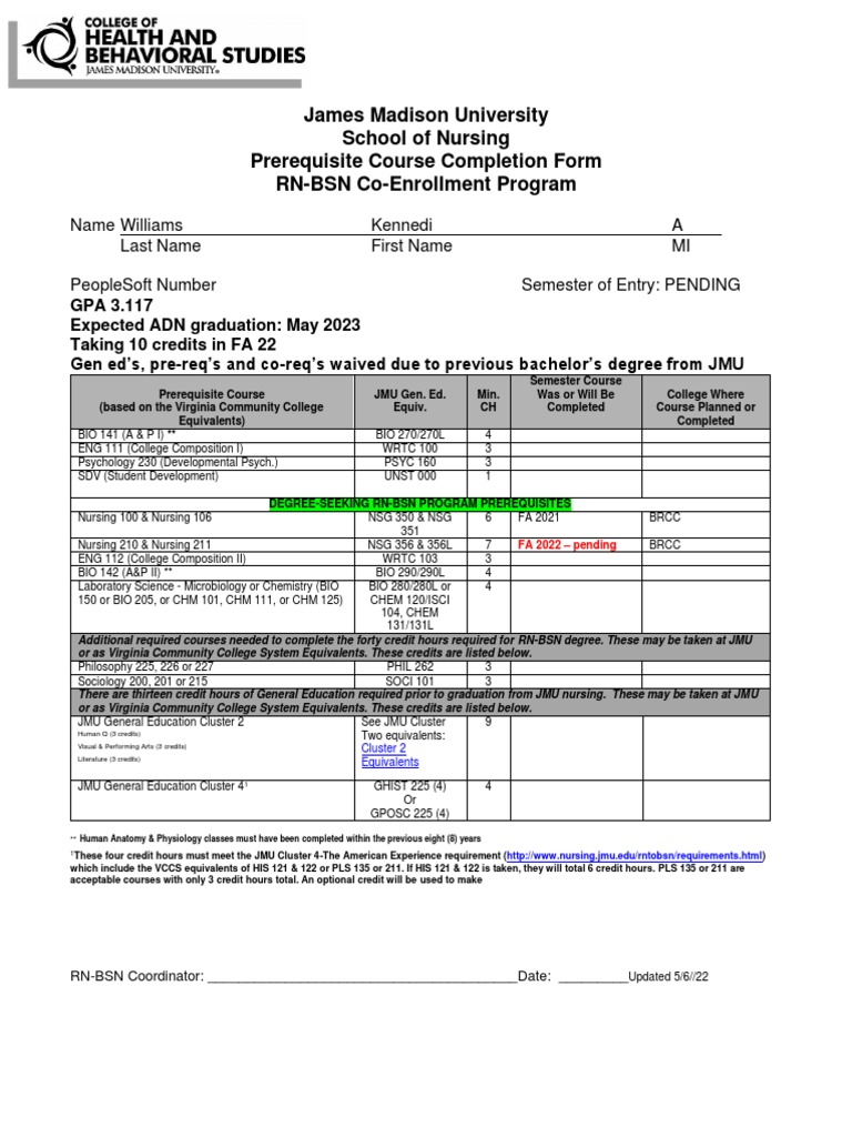 Williams Kennedi Prereq Form BRCC | PDF | Academia | Health Care