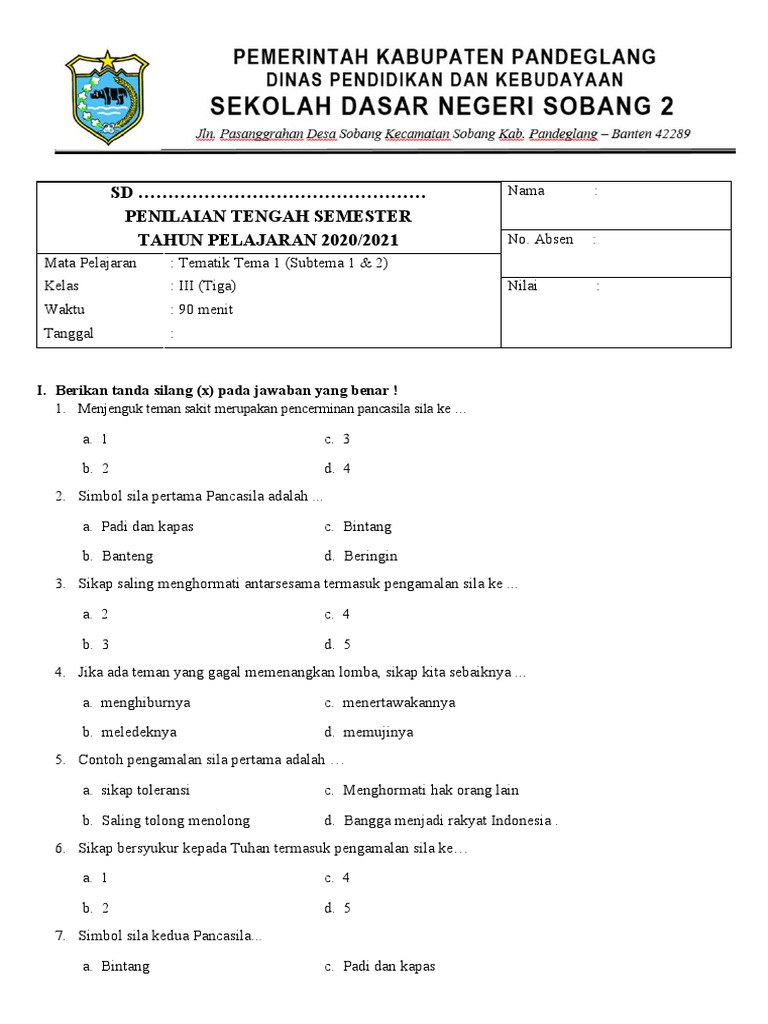 SOAL PTS KELAS 3 TEMA 1 Subtema 1 DAN 2 | PDF