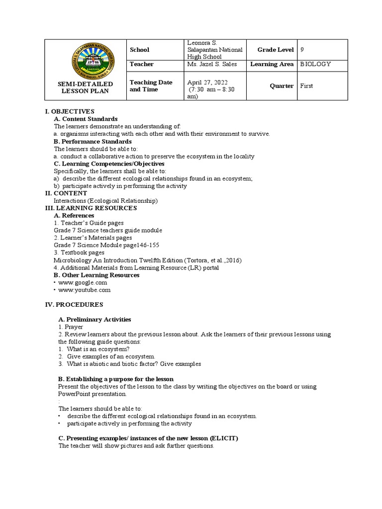 Ecological Relationships Lesson Plan | PDF | Learning | Symbiosis