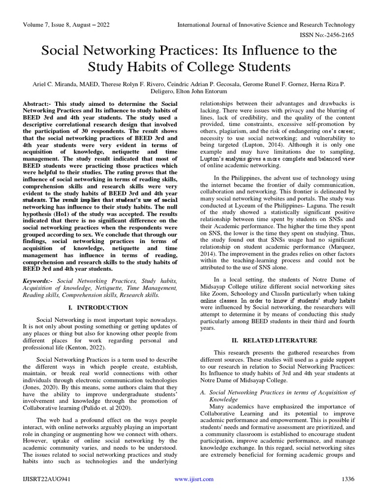 Social Networking Practices Its Influence To The Study Habits of ...