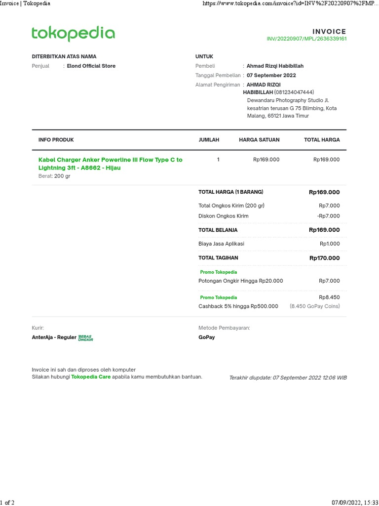 Invoice Tokopedia Anker | PDF