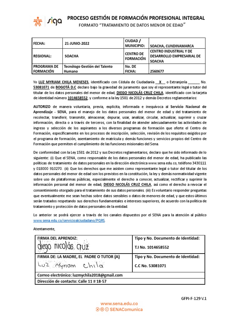 GFPI-F-129 - Formato - Tratamiento - de - Datos - Menor - de - Edad (1 ...