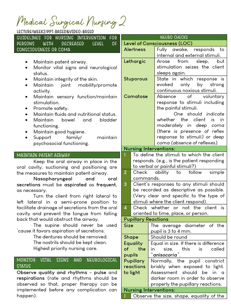 W2 - MEDSURG Guidelines For Nursing Interventions On Coma Patients ...