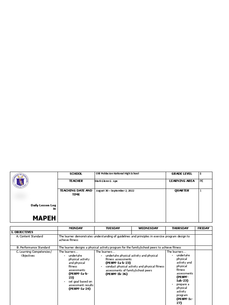 Pe8 Q1 Week1 | PDF | Physical Fitness | Learning