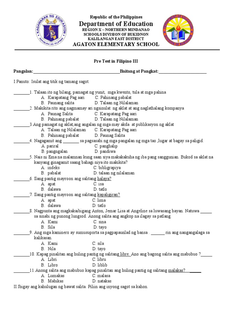 Pre-Test Filipino 3 | PDF