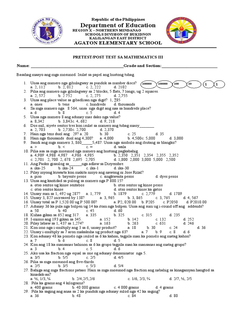 Pre-Test Mathematics 3 | PDF