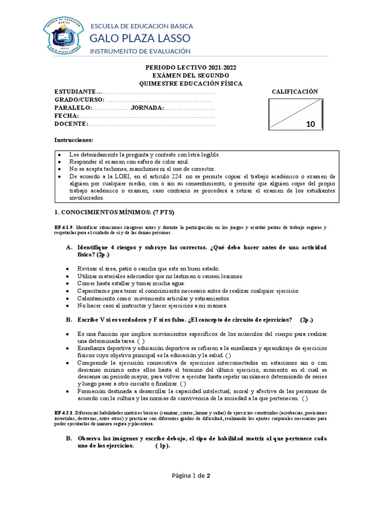 EXAMEN 2do QUIMESTRE EEFF - 8vo A EGB. | PDF | Prueba (evaluación) | Método de enseñanza