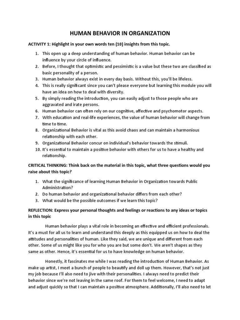 Human Behavior in Organization 2 | PDF | Behavior | Thought