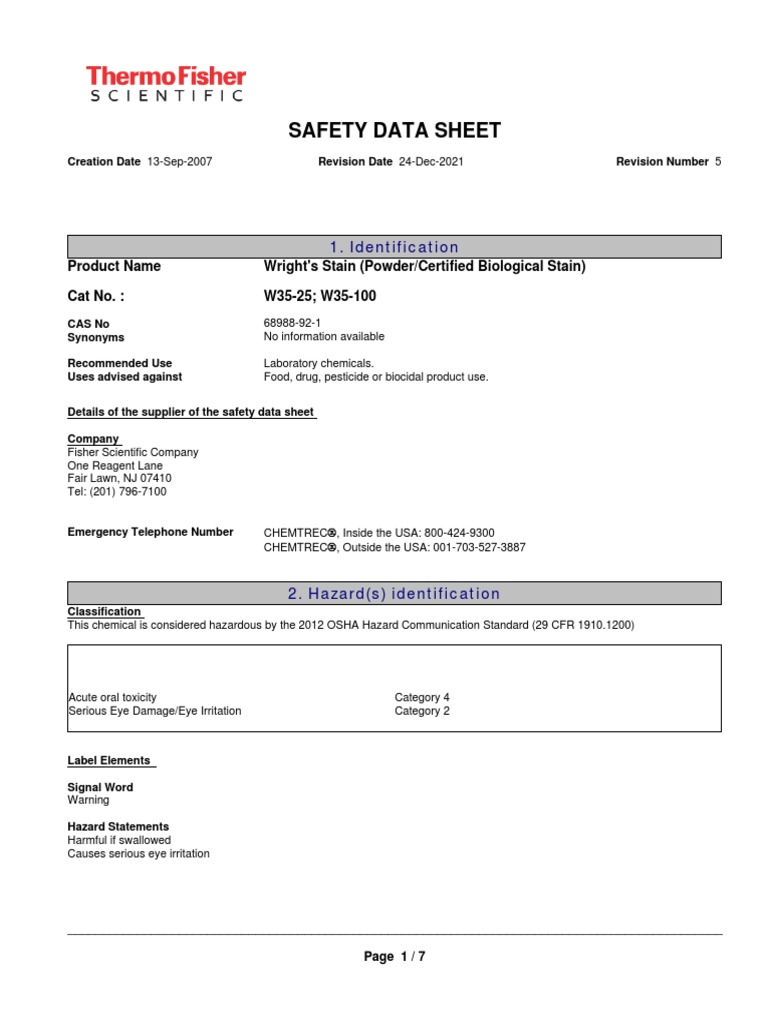 Safety Data Sheet for Wright's Stain Provides Hazard Information and Guidelines for Safe Use ...