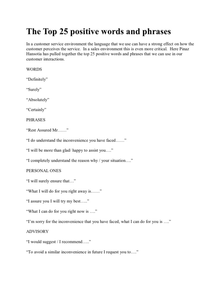The Top 25 Positive Words and Phrases | PDF | Persuasion ...