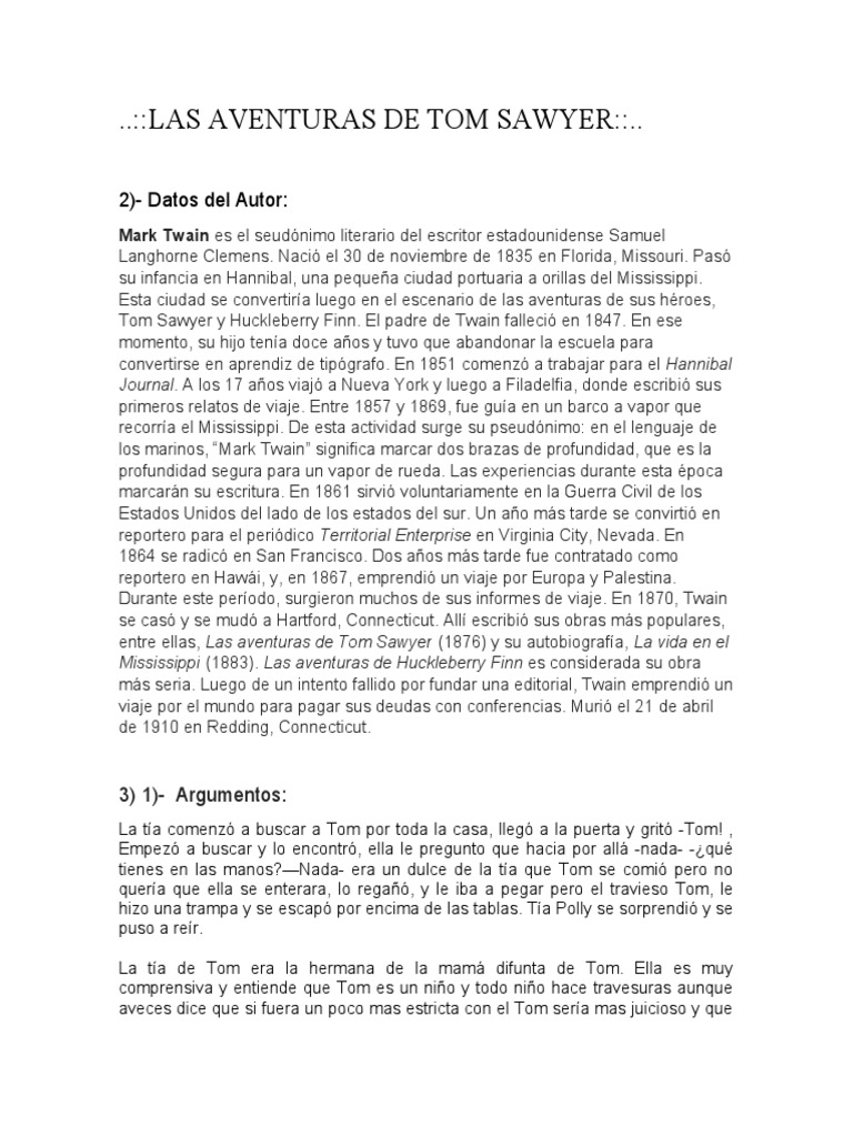 Las Aventuras de Tom Sawyer | PDF | Mark Twain | Las aventuras de Tom ...