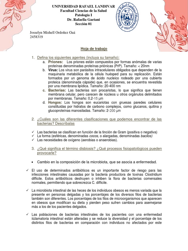 Hoja de Trabajo Patologia, Mishell Ordoñez, Sección 01 | PDF | Virus | Las bacterias