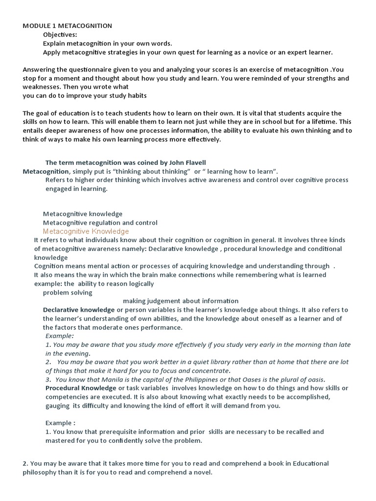 Module 1 Metacognition | Download Free PDF | Metacognition | Learning