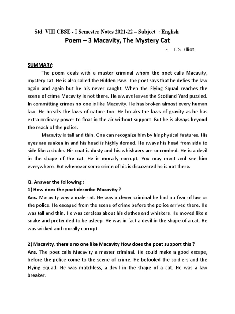 CBSE STD - VIII - English - Poem - 3 - Macavity - The Mystery CAt ...