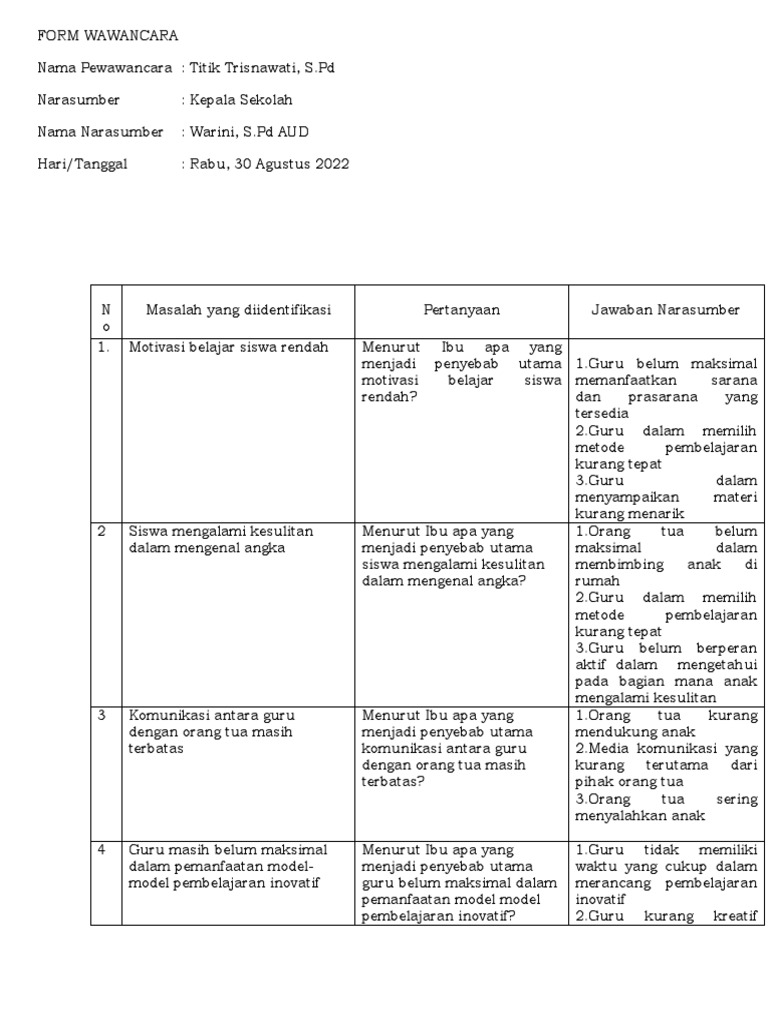 FORM WAWANCARA Kepala Sekolah | PDF
