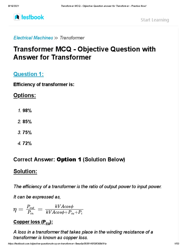 Transformer MCQ - Objective Question Answer For Transformer - Practice ...