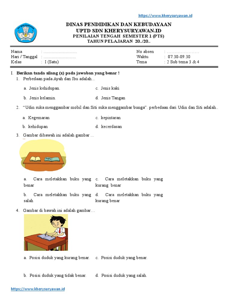 Soal PTS Kelas 1 Tema 2 Sub 3&4 - (WWW - Kherysuryawan.id) | PDF