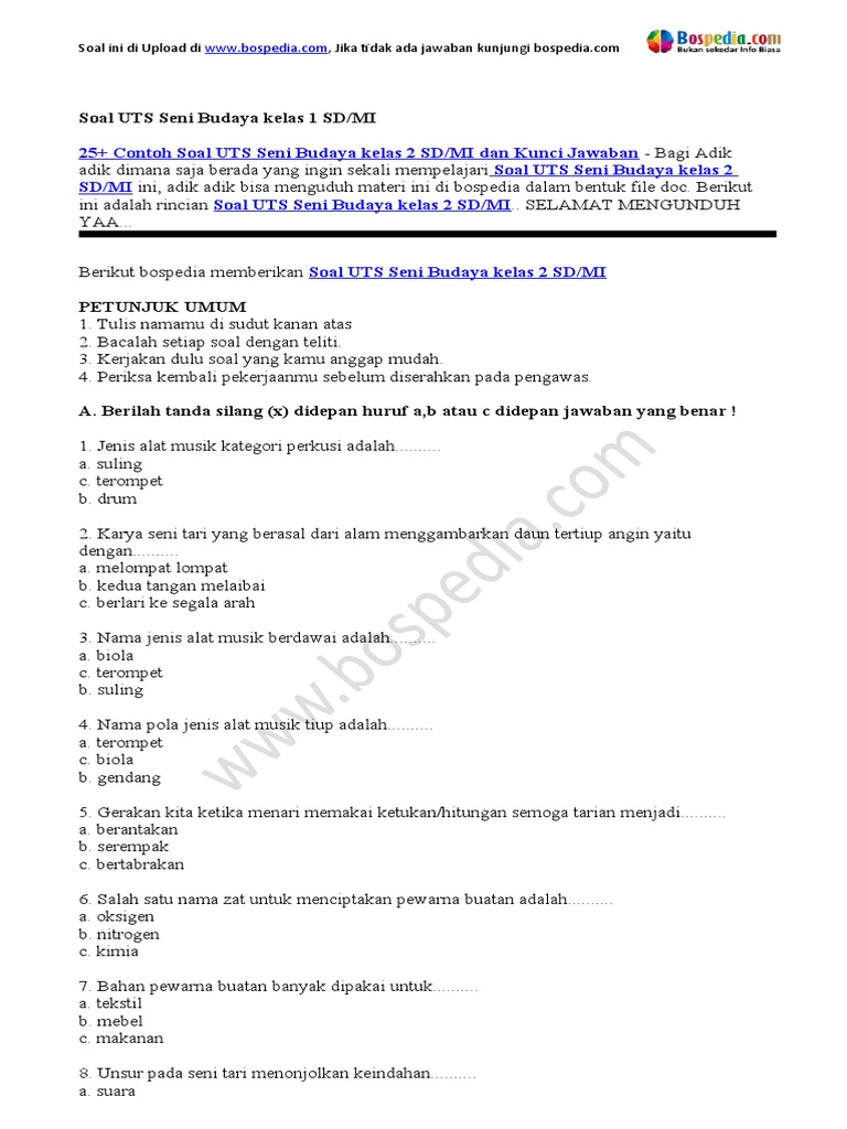 25+ Contoh Soal UTS Seni Budaya Kelas 2 SD MI Dan Kunci Jawaban | PDF