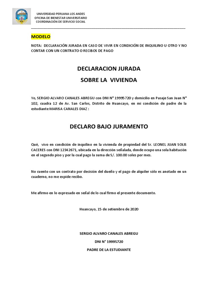 Modelo Declaracion Jurada Vivienda | PDF