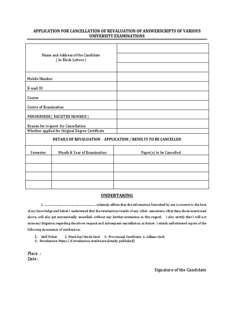 Revaluation Cancellation Application Form | PDF | Career & Growth