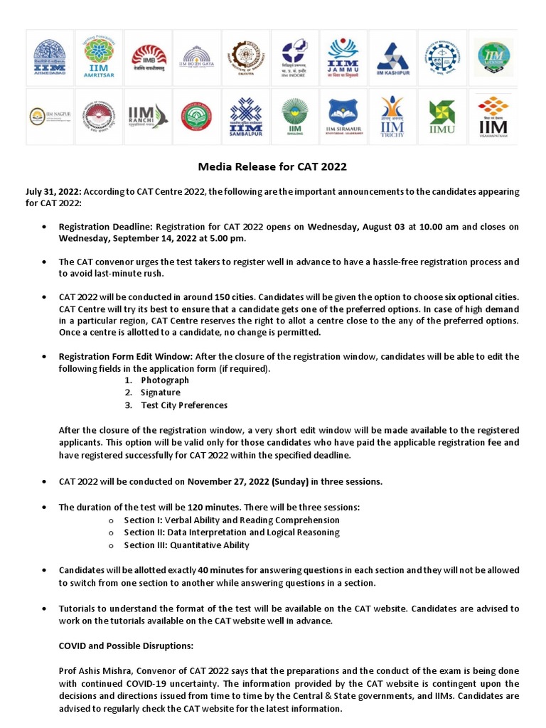 CAT 2022 Registration & Exam Details | PDF | Standardized Tests ...