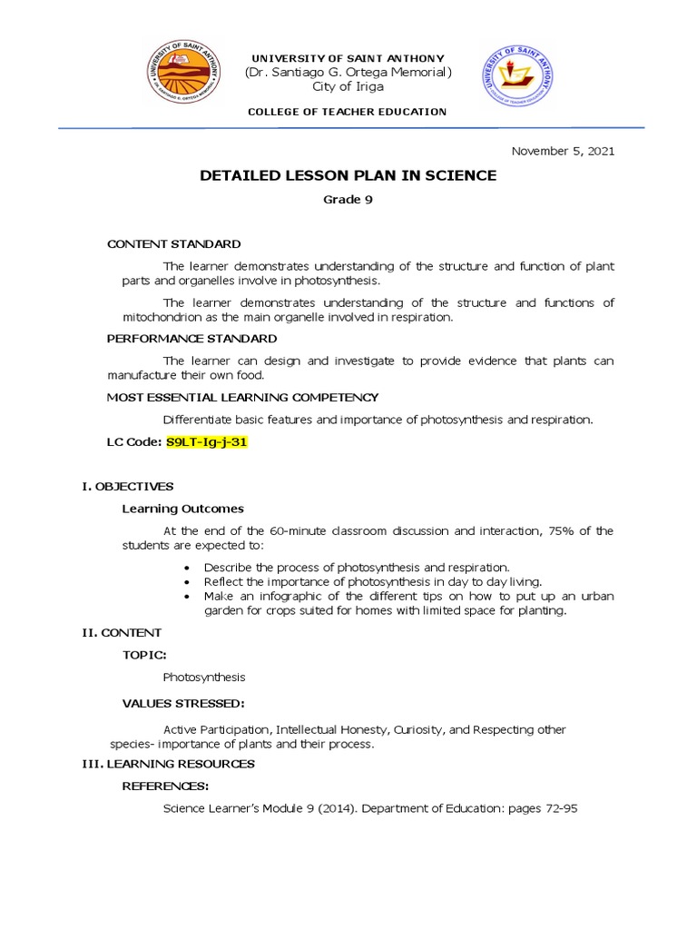 Grade 9 Science Lesson Plan: Photosynthesis | PDF | Photosynthesis ...