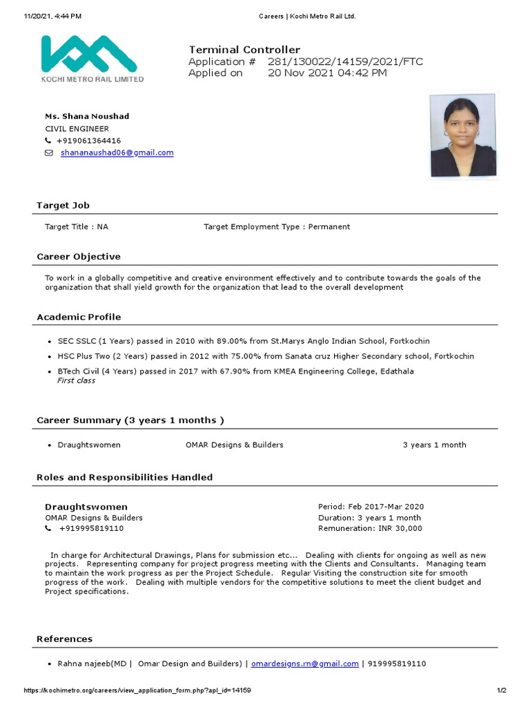 Civil Engineer Application - Shana Noushad | PDF
