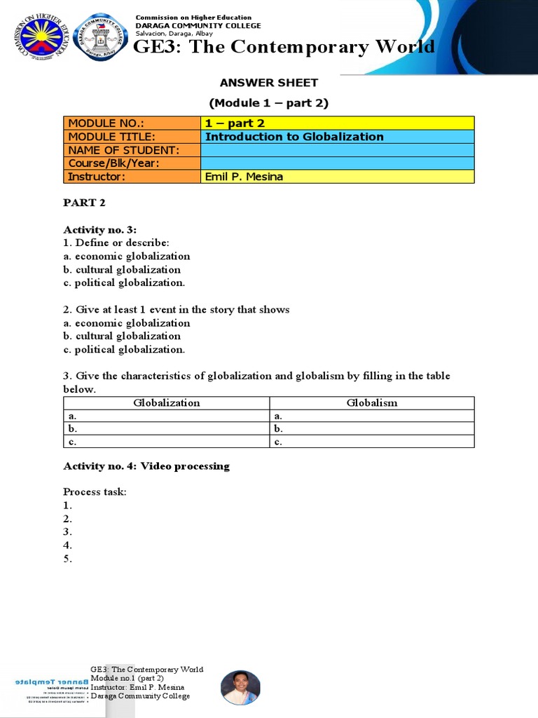 GE3 Module 1 PART 2 ANSWER SHEET | PDF | Globalization | Education Theory