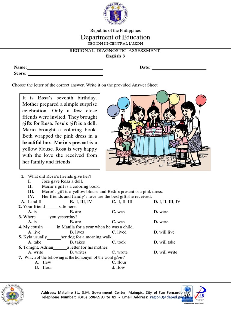 Grade 3 Diagnostic Assessment Tool in English | PDF | Syntax ...