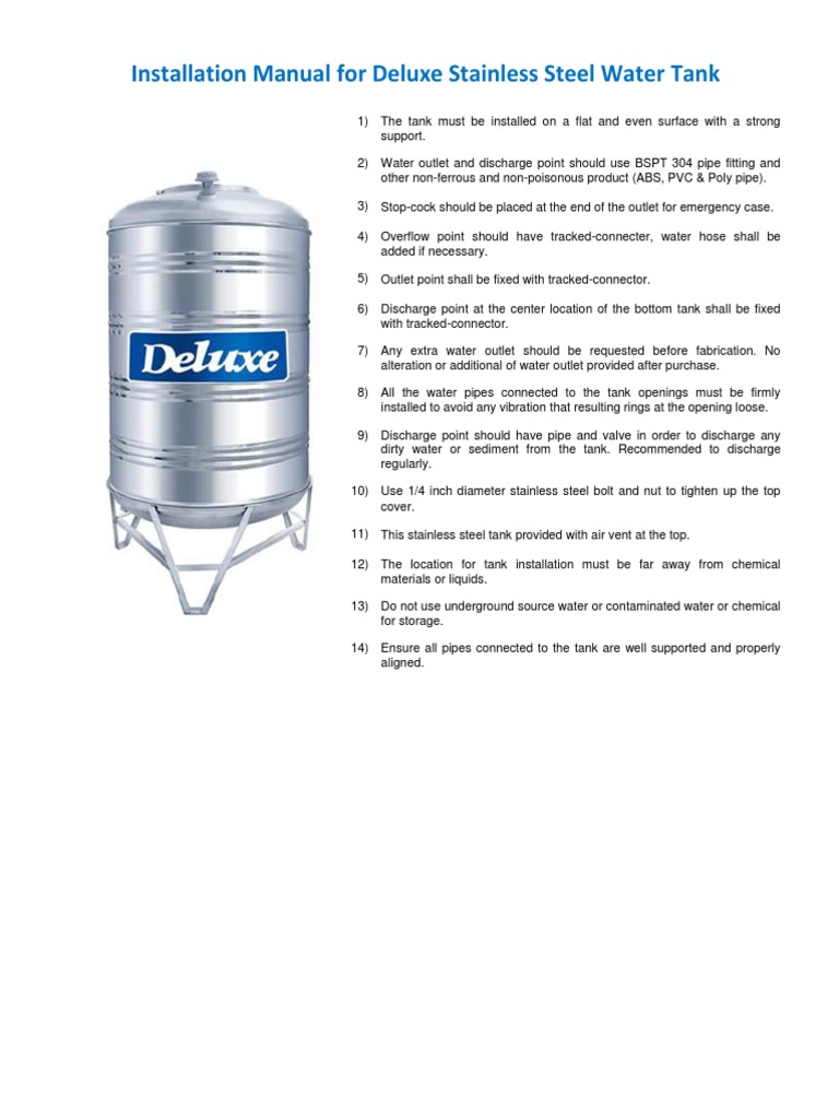 Water Tank Installation Manual | Download Free PDF | Pipe (Fluid ...