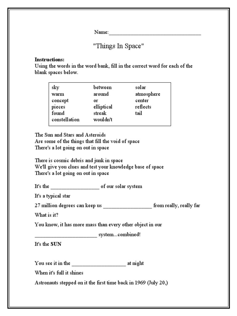 Things in Space Cloze Reading Exercise | PDF | Outer Space | Sun
