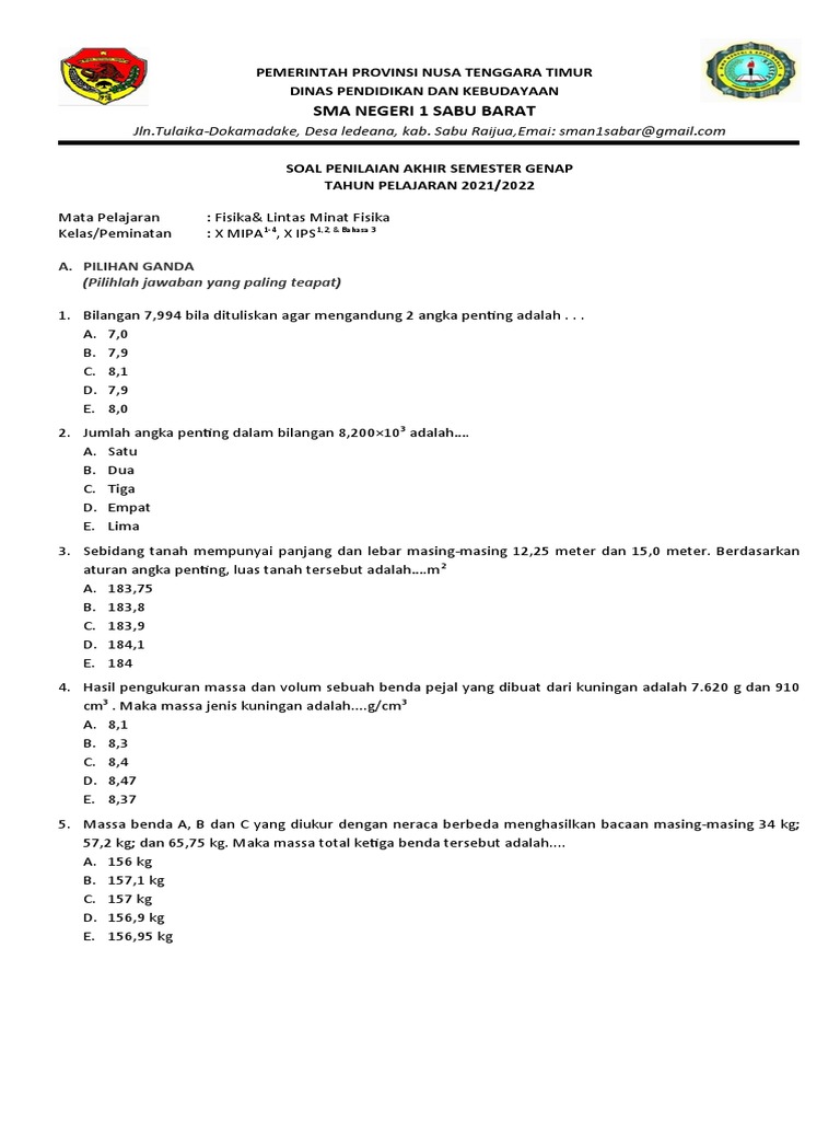 Soal PTS Fisika X Genap 2022 Ok | PDF | Sains & Matematika