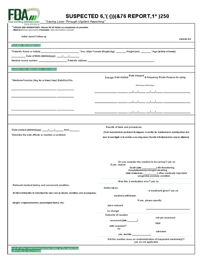 Adverse Reaction Reporting Form | PDF | Food And Drug Administration ...