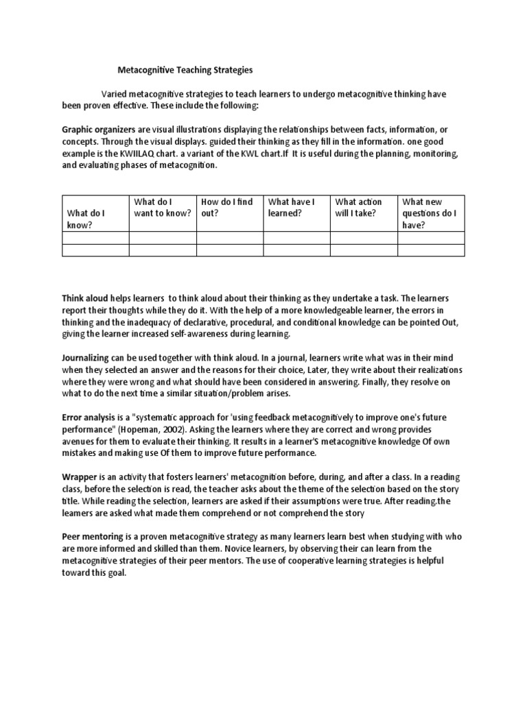 Metacognitive Teaching Strategies Pdf Metacognition Learning